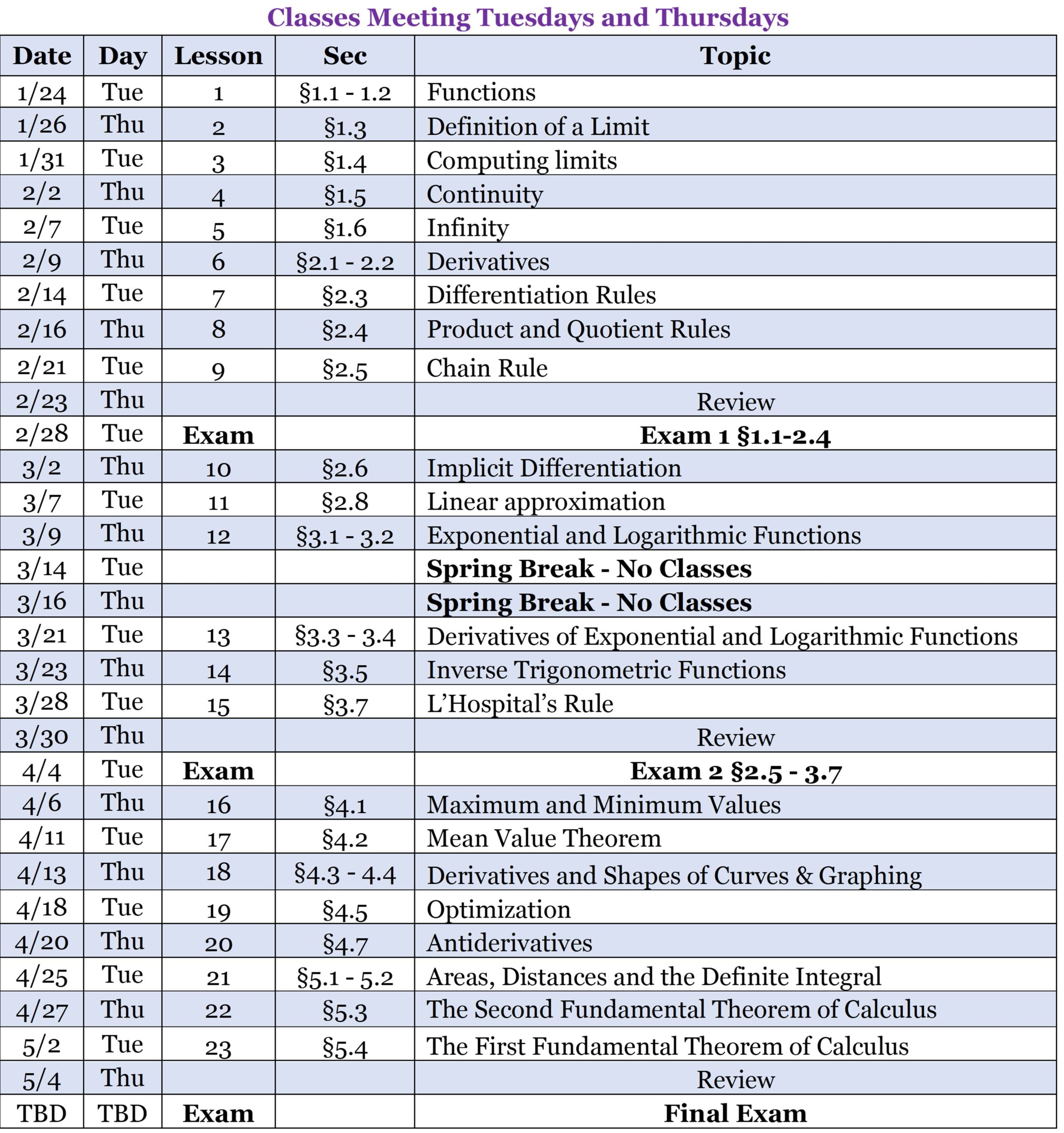 Schedule – Calculus I Spring 2023 Course Coordination Site